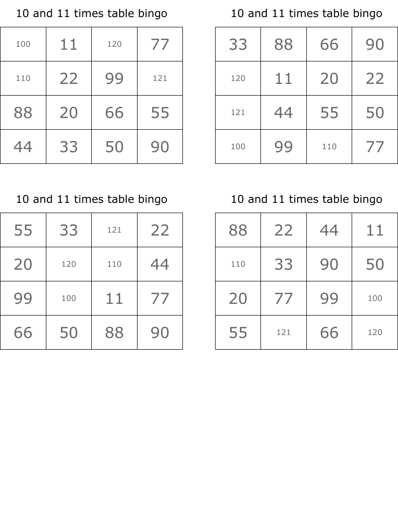 10 And 11 Times Table Bingo WordMint