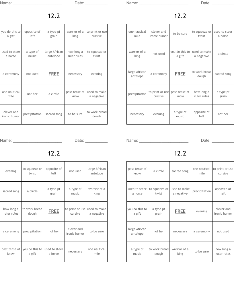 12.2 Bingo Cards - WordMint