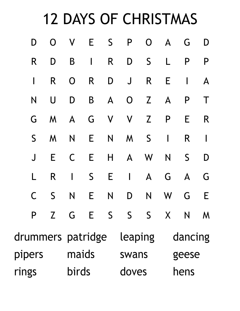 12 DAYS OF CHRISTMAS Word Search WordMint