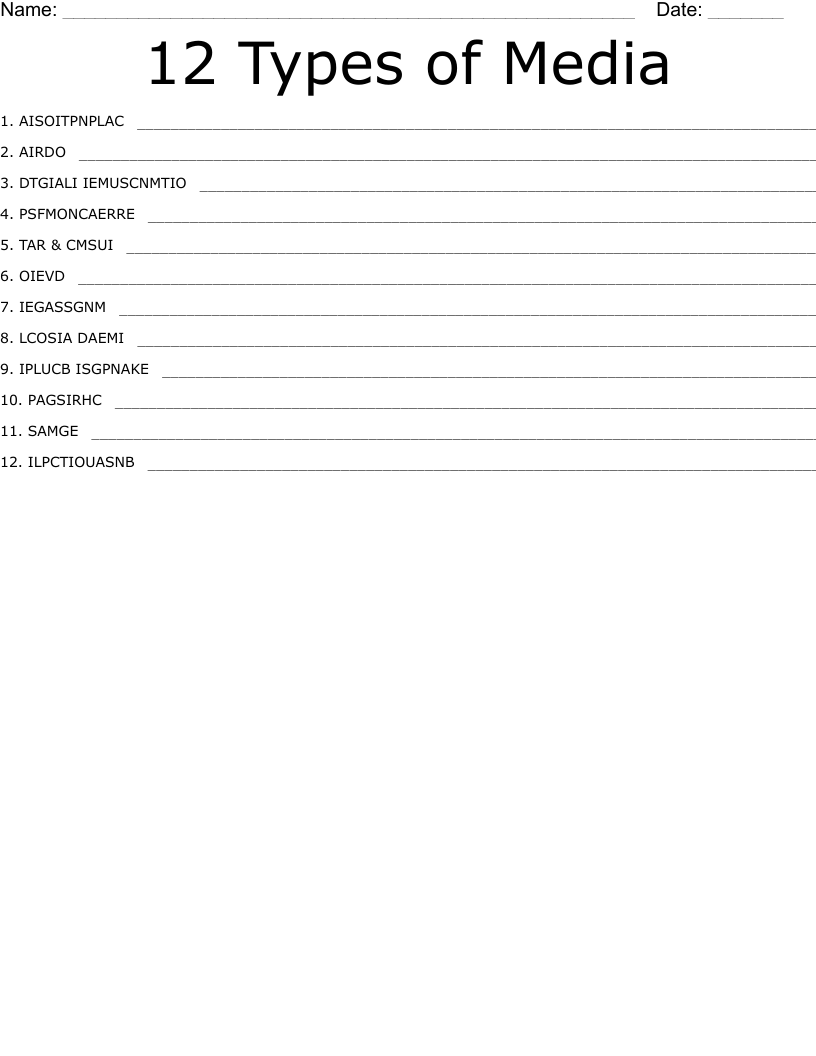 12 Types of Media Word Scramble - WordMint