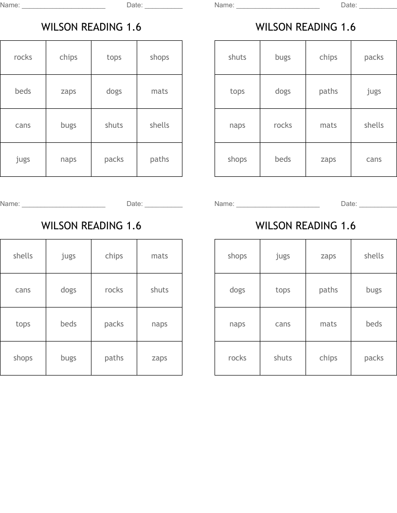 WILSON READING 1.6 Bingo Cards - WordMint