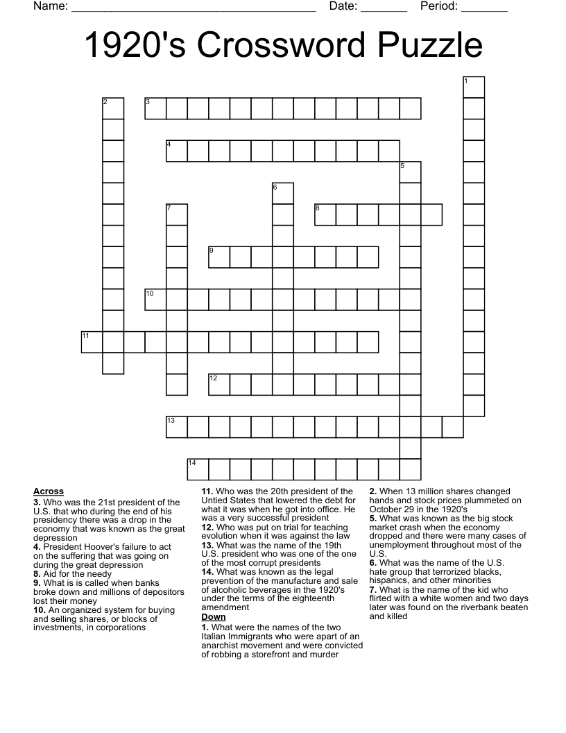 1920's Crossword Puzzle - WordMint