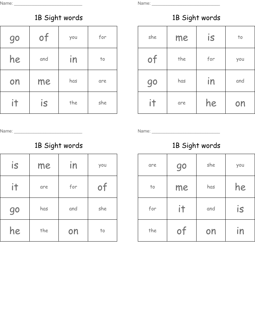 1B Sight words Bingo Cards - WordMint