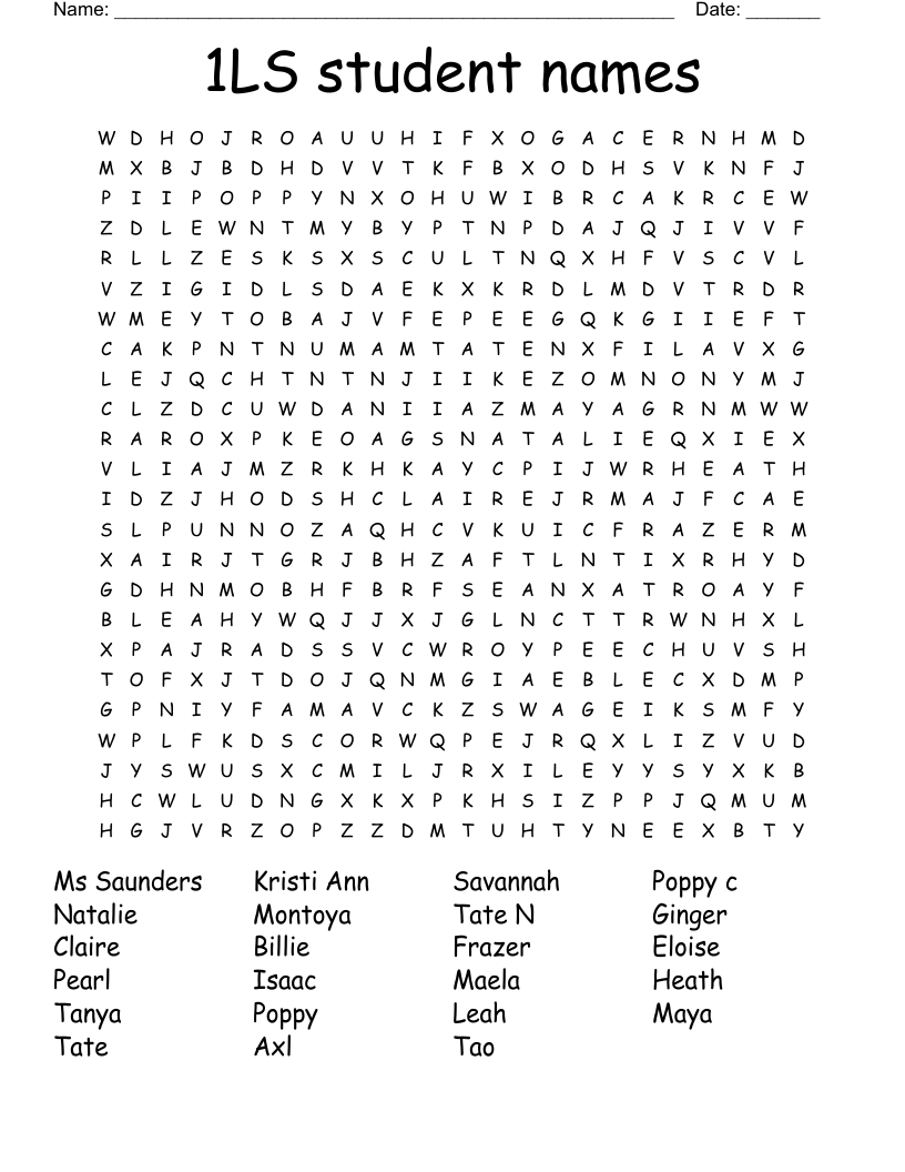 1LS student names Word Search - WordMint