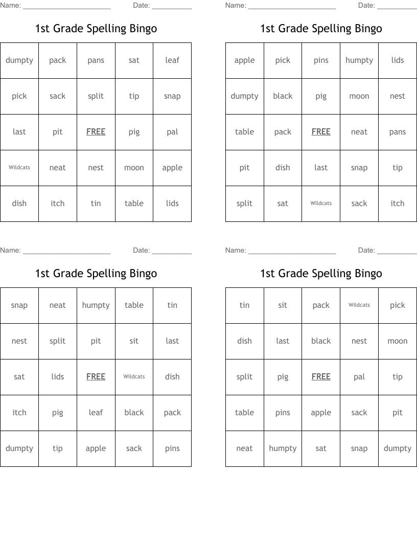 1st Grade Spelling Bingo WordMint