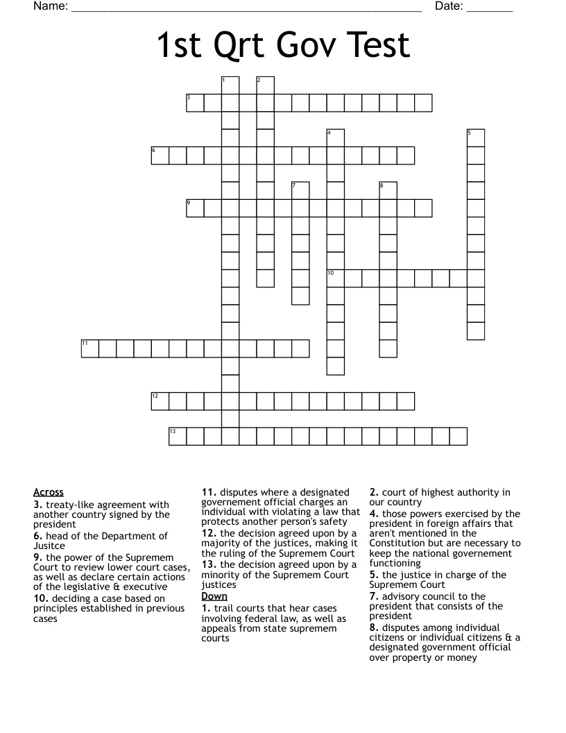 1st Qrt Gov Test Crossword - WordMint