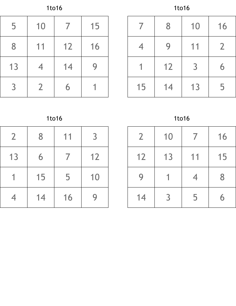 1to16 Bingo Cards - WordMint