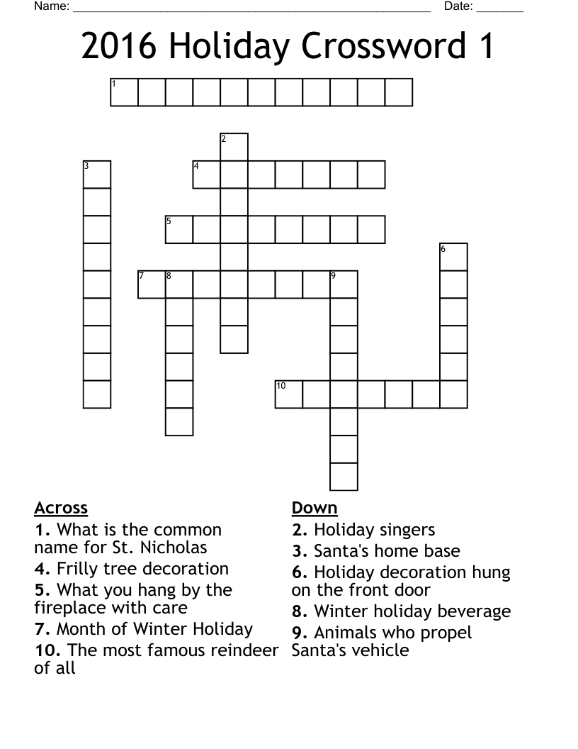2016 Holiday Crossword 1 WordMint