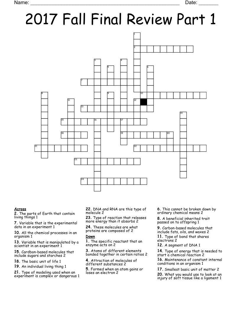 2017 Fall Final Review Part 1 Crossword - WordMint