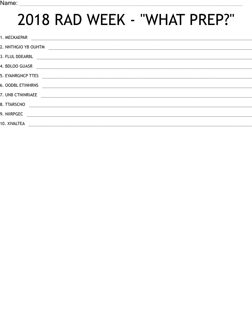 2018 RAD WEEK - "WHAT PREP?" Word Scramble - WordMint