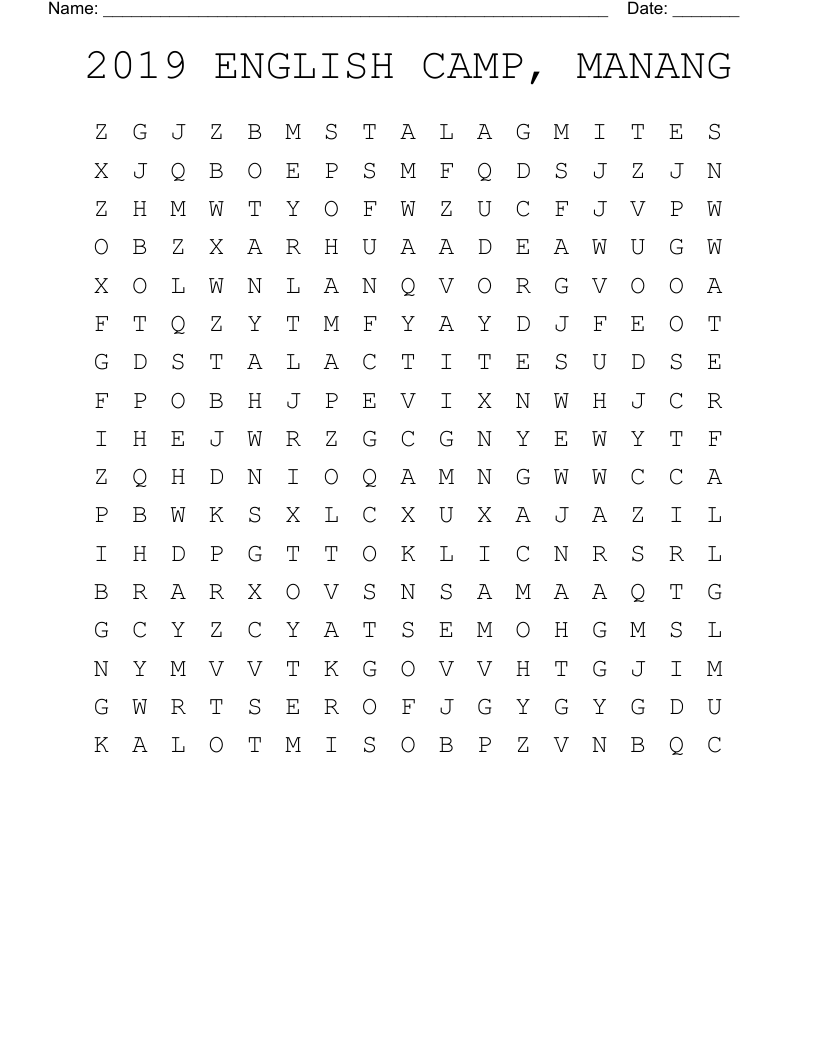 2019 ENGLISH CAMP, MANANG Word Search - WordMint