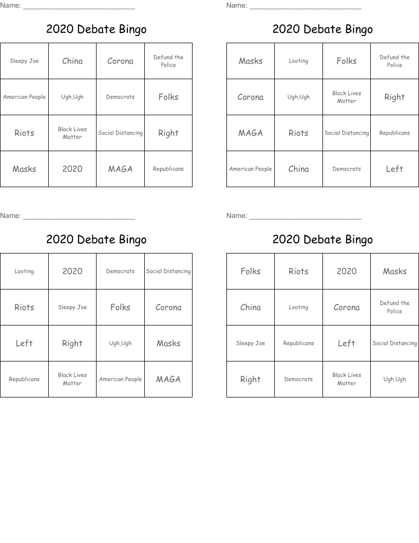 2020 Debate Bingo - WordMint
