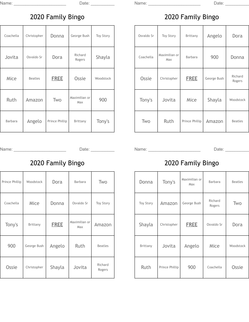 2020 Family Bingo - WordMint