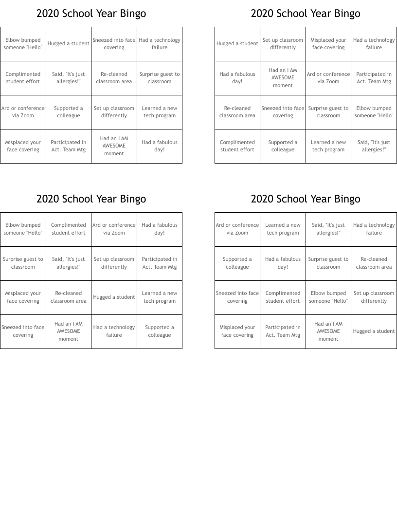 2020 School Year Bingo - WordMint