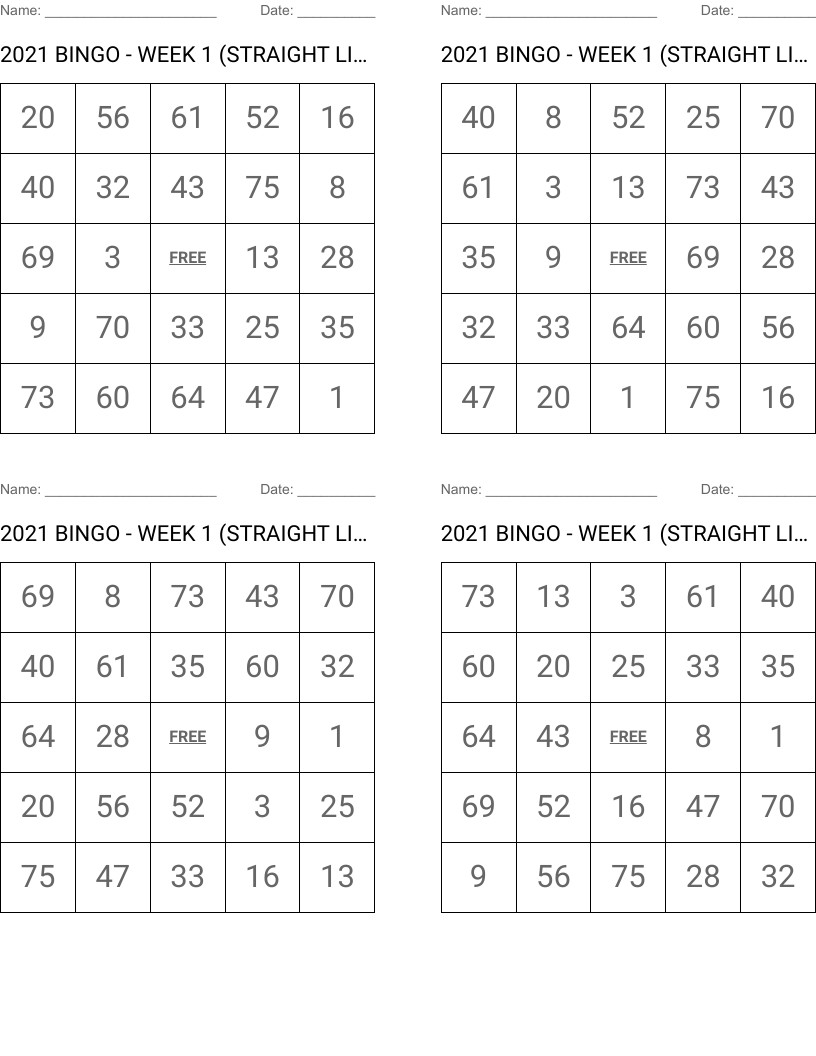 2021 BINGO - WEEK 1 (STRAIGHT LINE) - WordMint