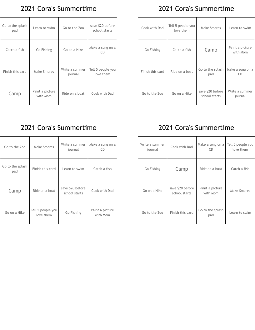 2021 Cora s Summertime Bingo Cards WordMint