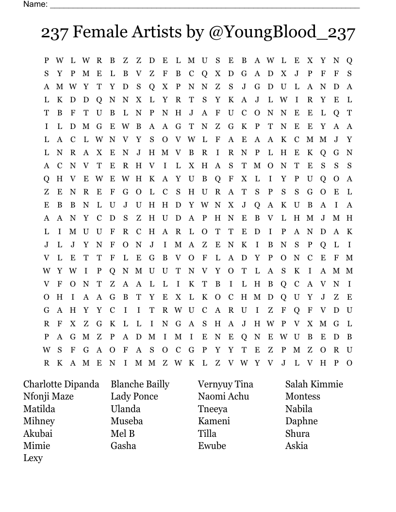 237 Female Artists by @YoungBlood_237 Word Search - WordMint