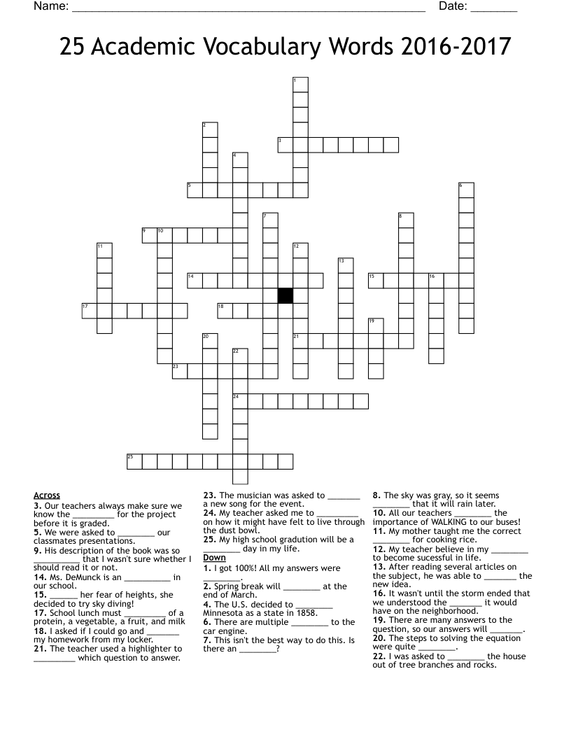 25 Academic Vocabulary Words 2016-2017 Crossword - WordMint