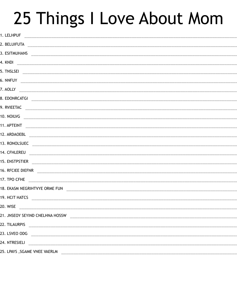 25 Things I Love About Mom Word Scramble - WordMint