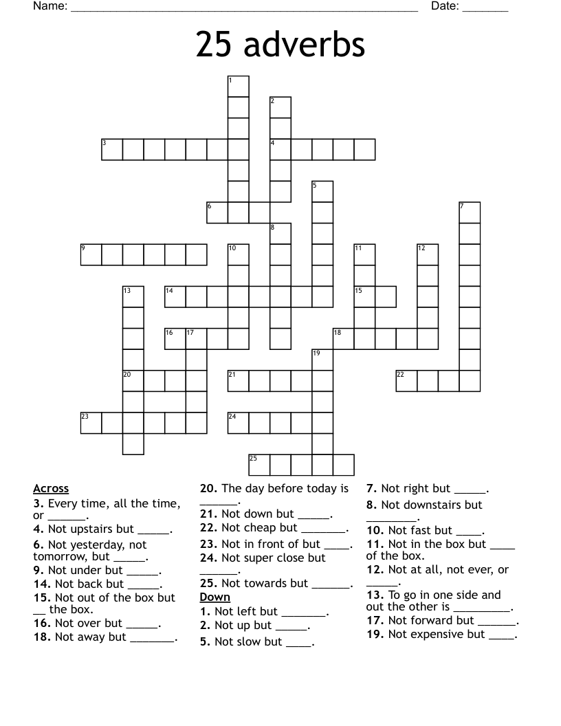 25 Adverbs Crossword WordMint