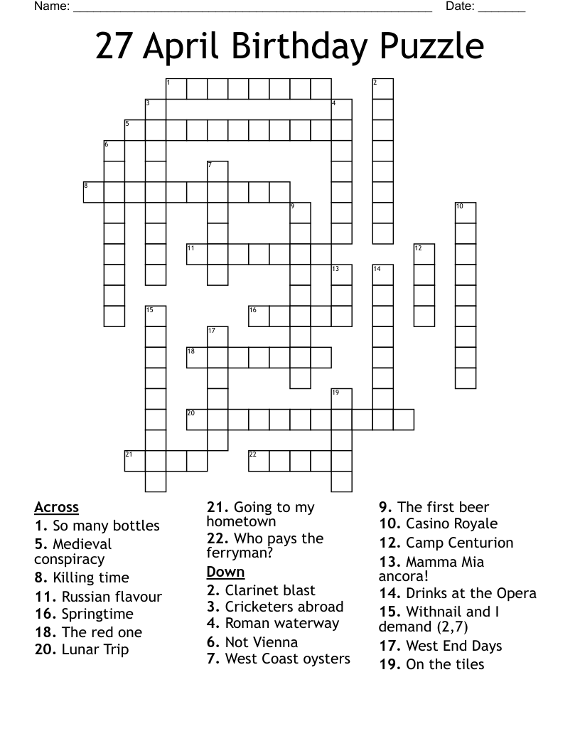 27 April Birthday Puzzle Crossword - WordMint
