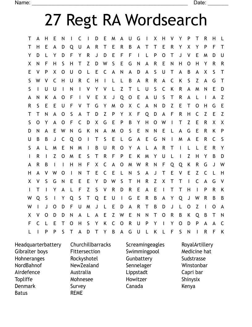 27 Regt RA Wordsearch - WordMint