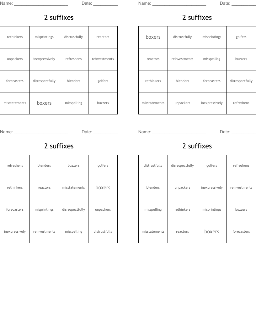 2 suffixes Bingo Cards - WordMint