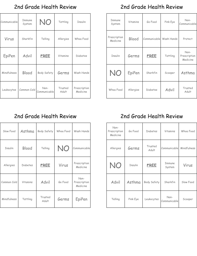 2nd Grade Health Review Bingo Cards WordMint 2nd-grade-health-review-bingo-cards-wordmint