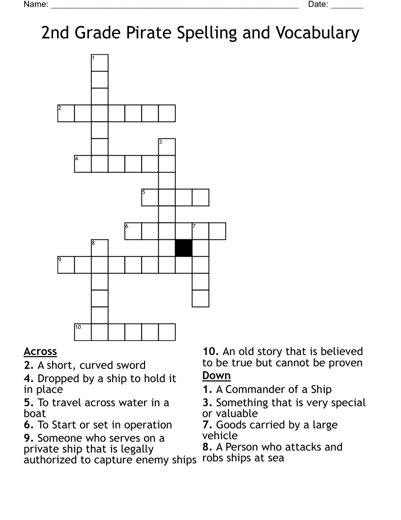 2nd Grade Pirate Spelling and Vocabulary Crossword - WordMint