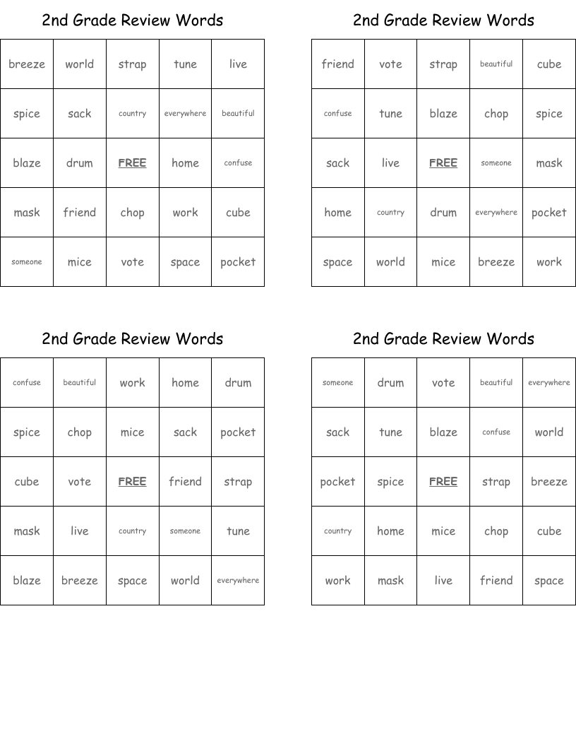2nd Grade Review Words Bingo Cards - WordMint