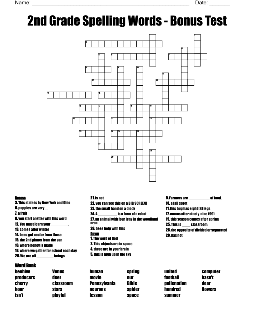 2nd Grade Spelling Words - Bonus Test Crossword - WordMint