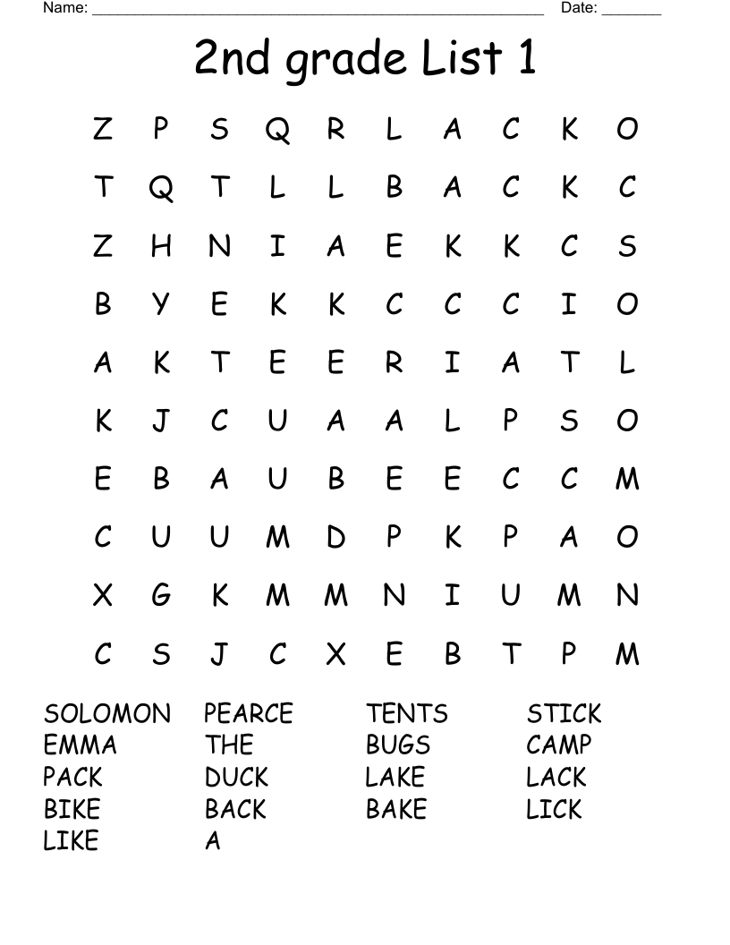 2nd Grade List 1 Word Search WordMint