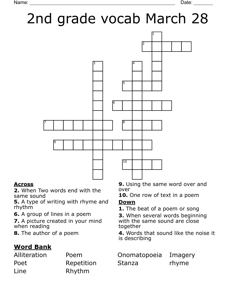 2nd Grade Vocab March 28 Crossword WordMint