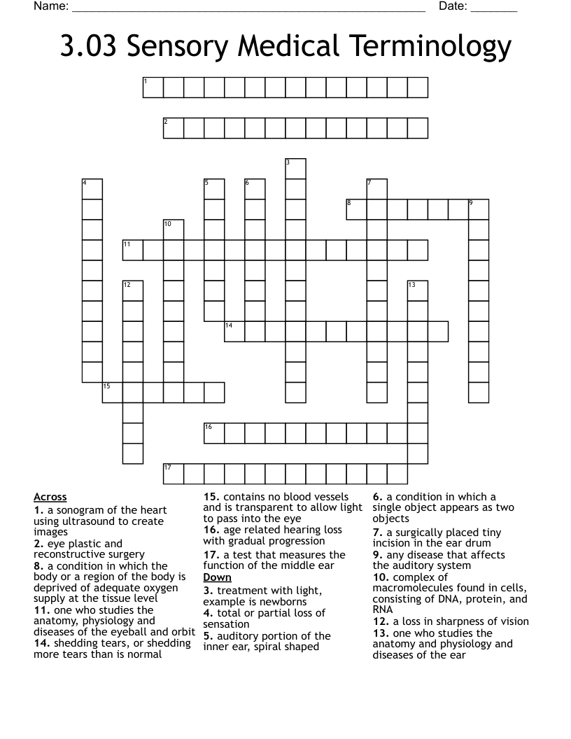 3.03 Sensory Medical Terminology Crossword - WordMint