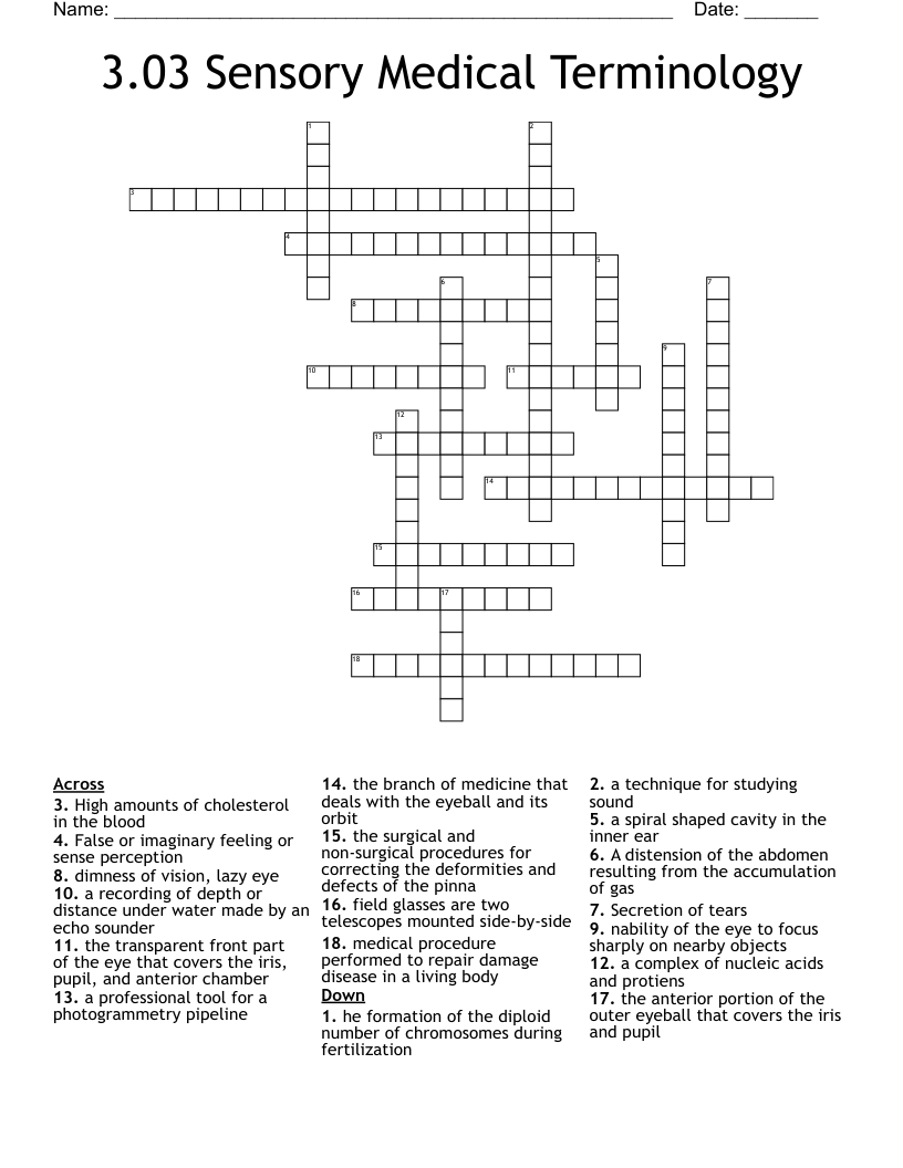 3.03 Sensory Medical Terminology Crossword - WordMint