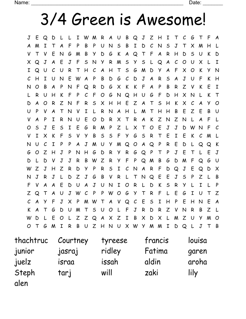 3/4 Green is Awesome! Word Search - WordMint