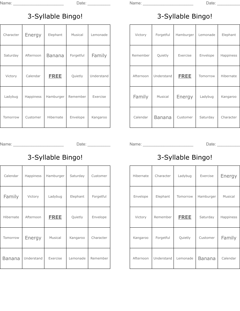 3-Syllable Bingo! - WordMint