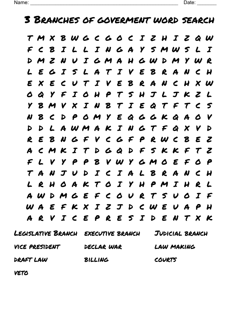 3 Branches of goverment word search - WordMint