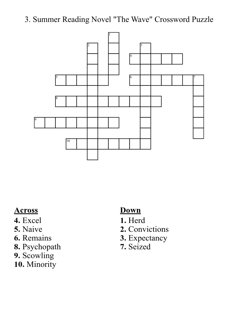 3. Summer Reading Novel "The Wave" Crossword Puzzle - WordMint