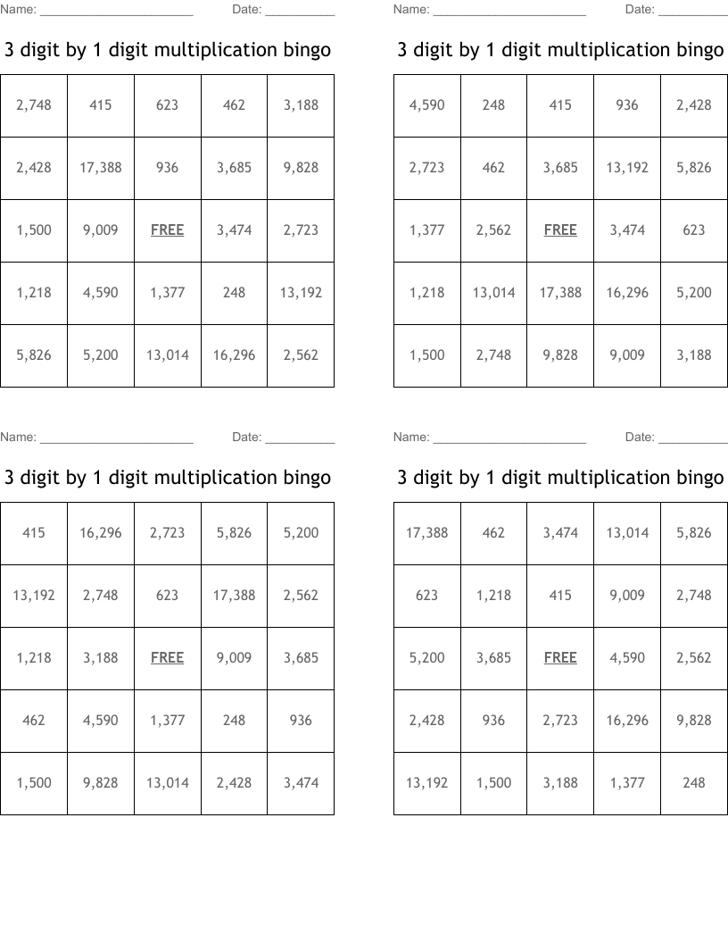 3 digit by 1 digit multiplication bingo - WordMint