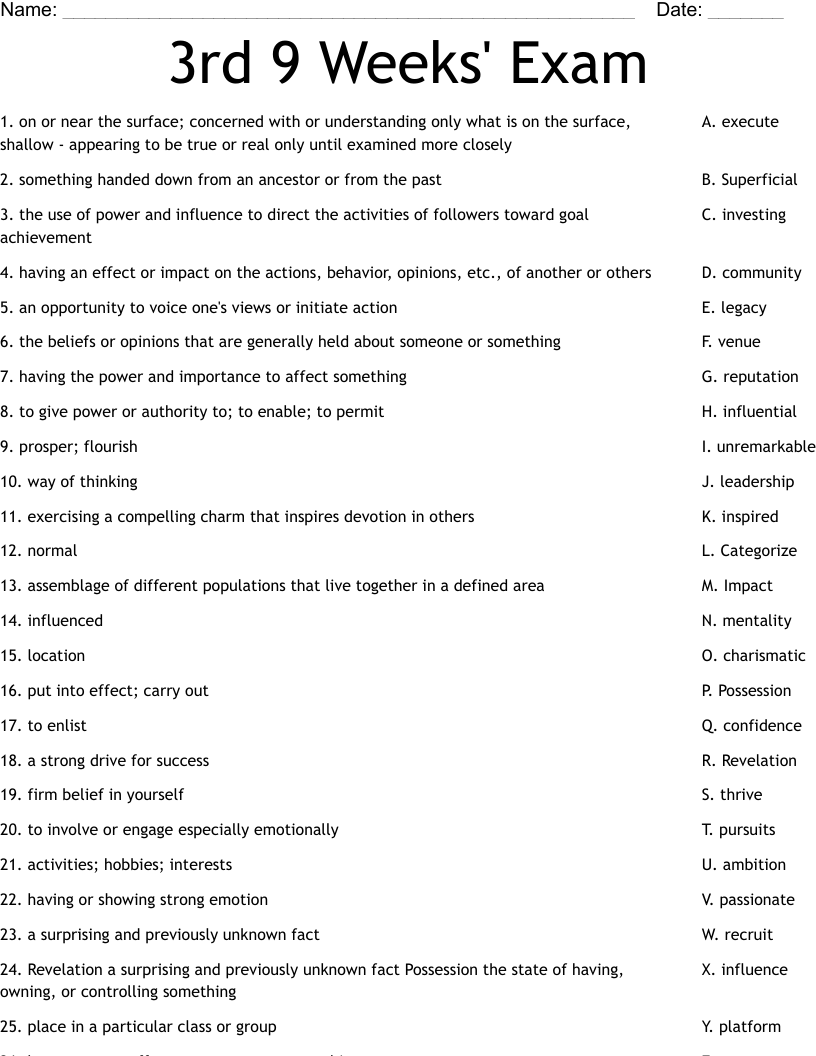 3rd 9 Weeks' Exam Worksheet - WordMint