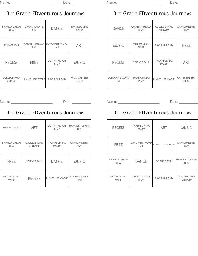 3rd Grade EDventurous Journeys Bingo Cards - WordMint
