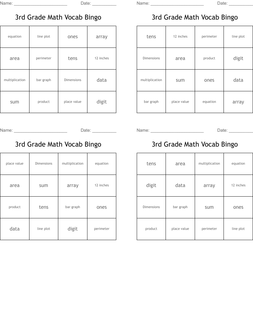 3rd Grade Math Vocab Bingo - WordMint