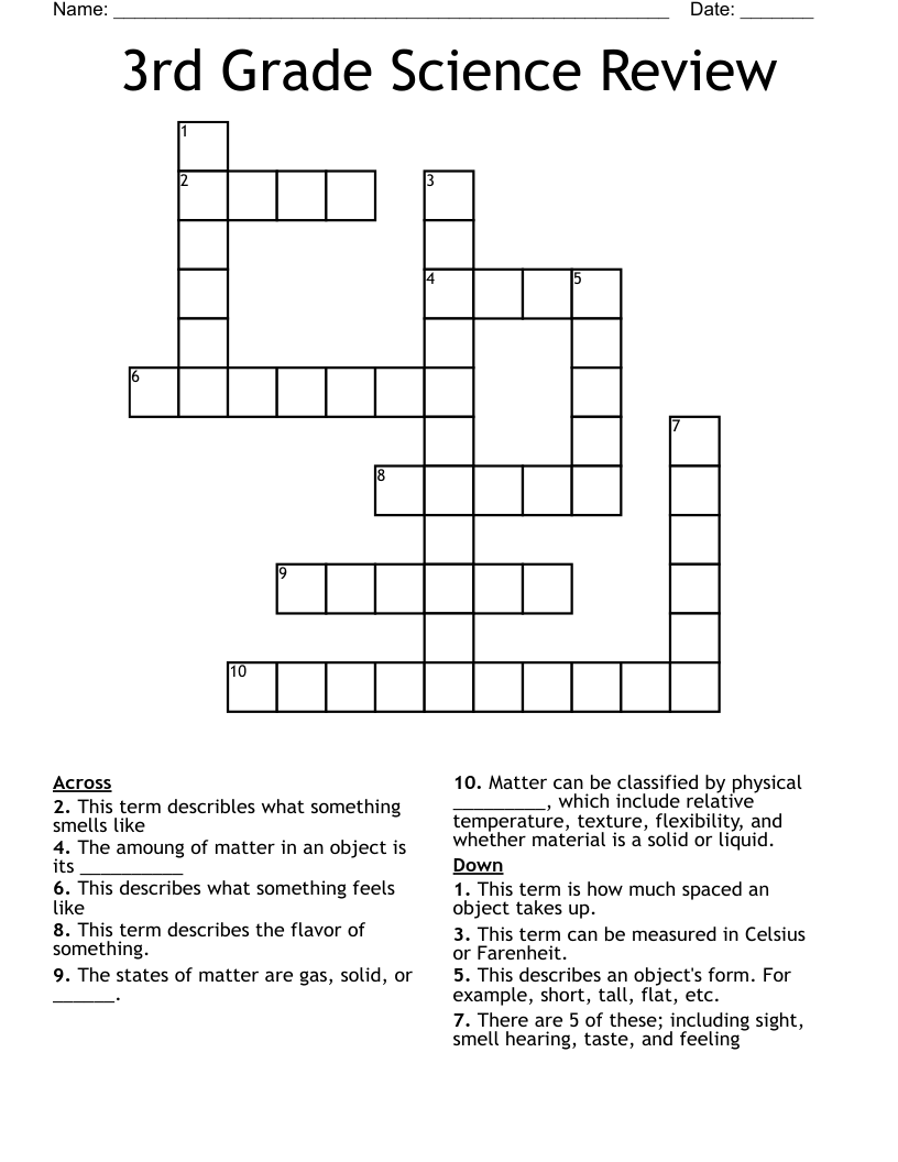 3rd Grade Science Review Crossword WordMint