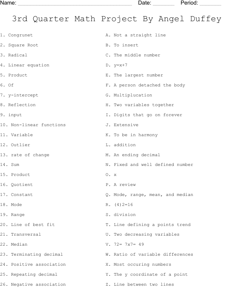 3rd Quarter Math Project By Angel Duffey Worksheet - WordMint