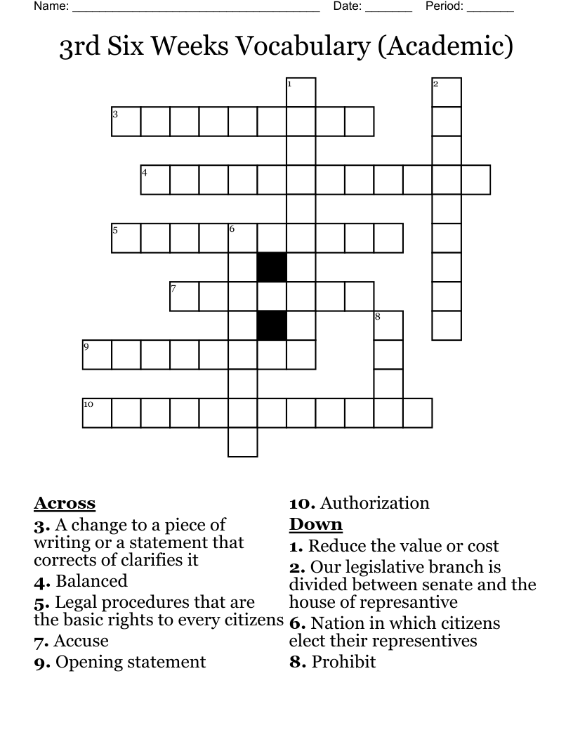 3rd Six Weeks Vocabulary (Academic) Crossword - WordMint