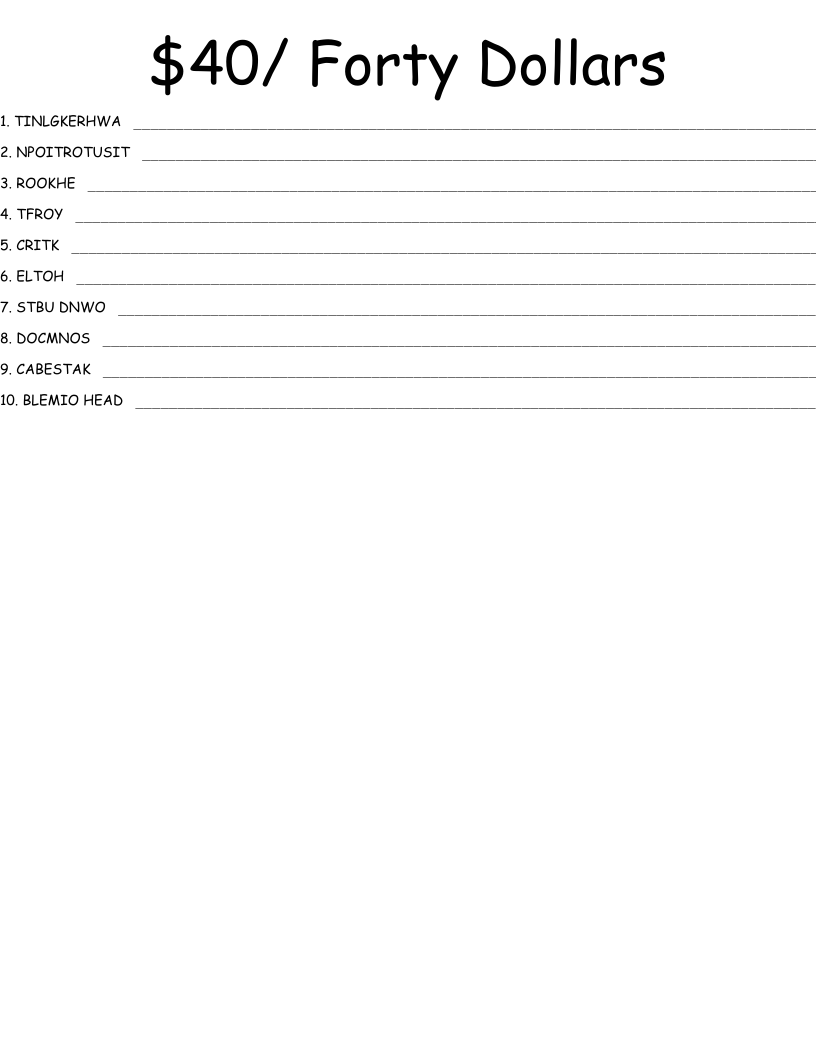 $40/ Forty Dollars Word Scramble - WordMint