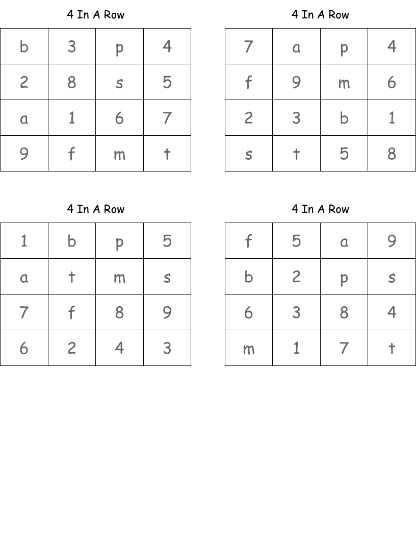 4 In A Row Bingo Cards - WordMint