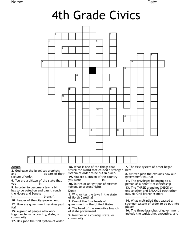 4th Grade Civics Crossword - WordMint