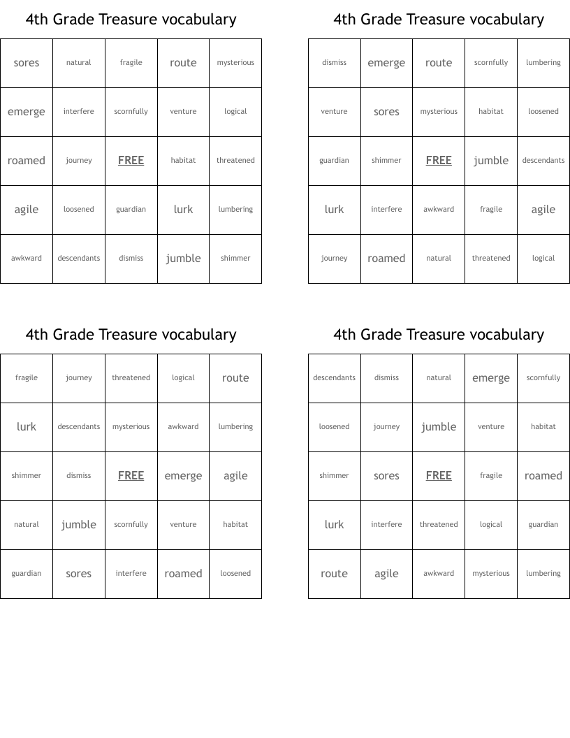 4th Grade Treasure vocabulary Bingo Cards - WordMint